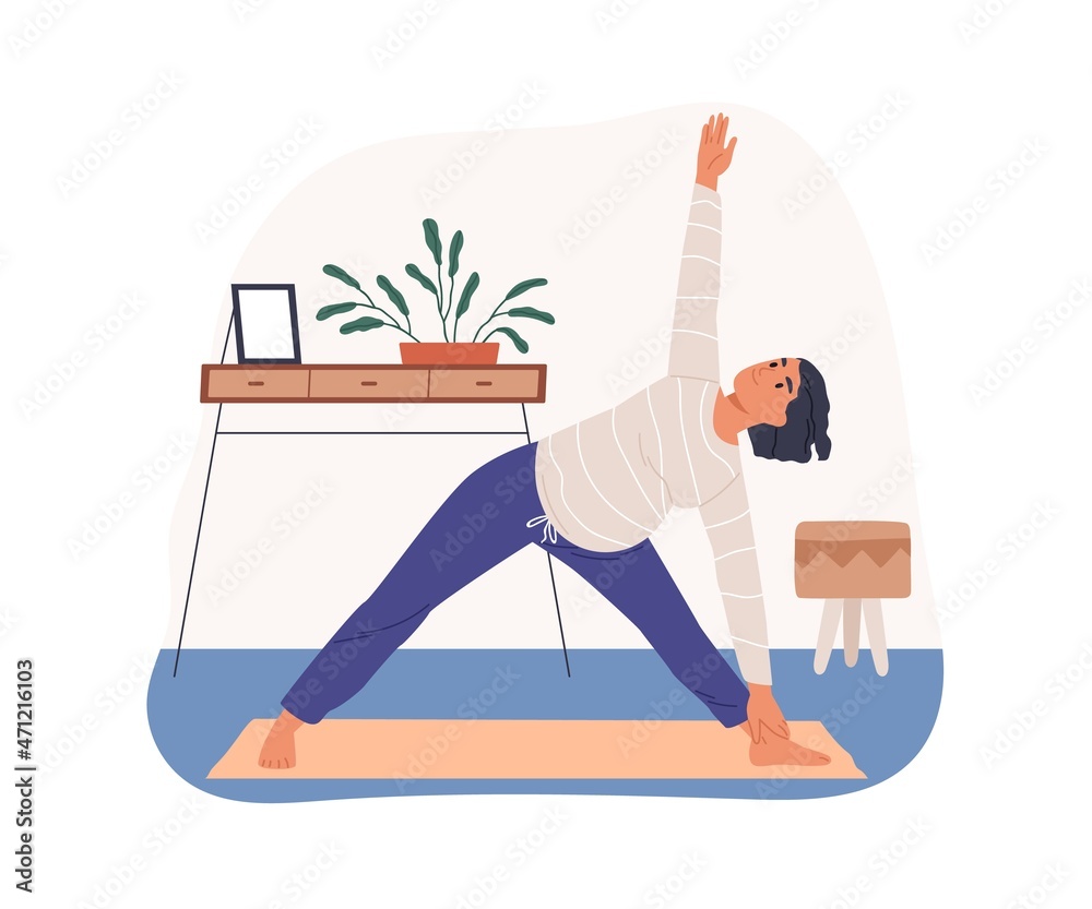 Pregnant woman practice yoga exercise, stand in Triangle Pose. Mother ...