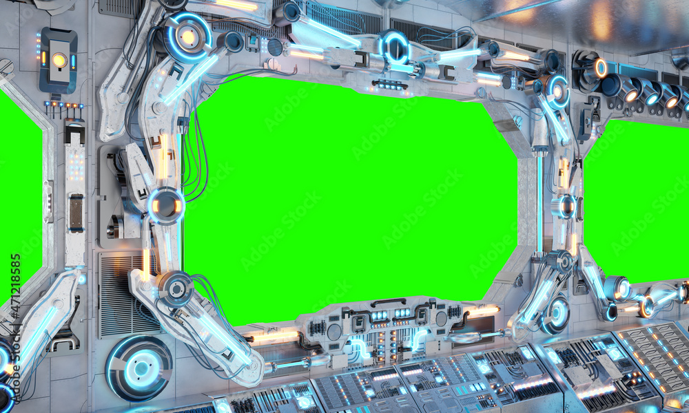 White spaceship interior with isolated window. Futuristic spacecraft ...