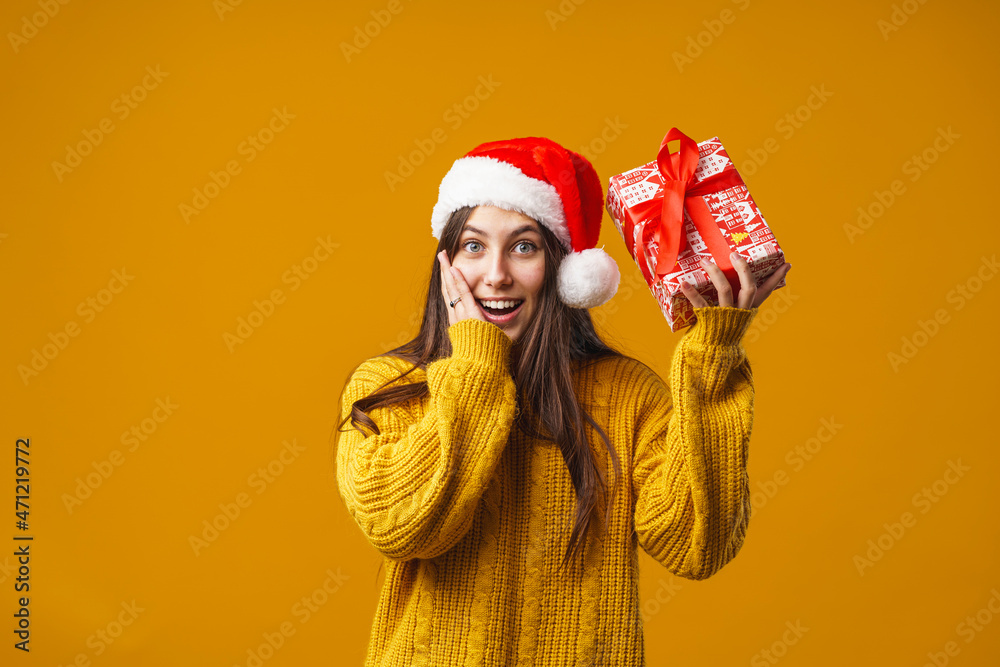 surprise cute girl 15 years old with, standing with gift boxes on a ...