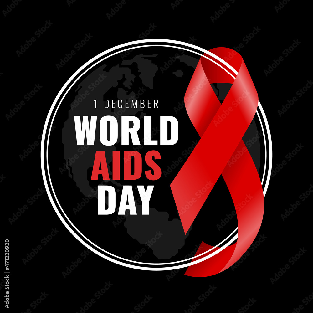 World aids day - text in white line circle frame with red ribbon ...