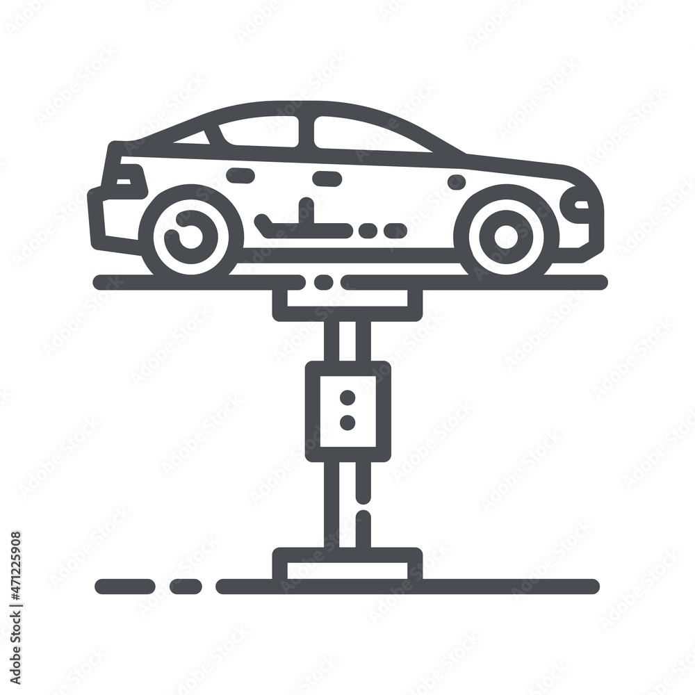 Vector line icon of a service inspection station and a lifted car side ...