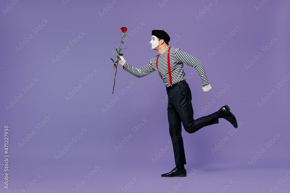Full size body length side view profile young mime man with white face ...