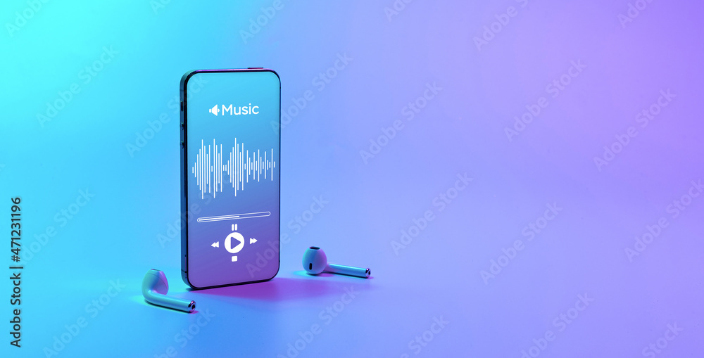 Music banner. Mobile smartphone screen with music application, sound ...