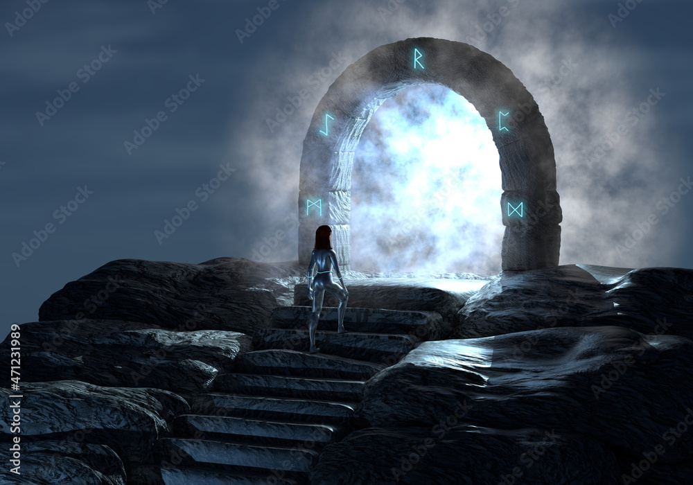 A mysterious magical illustration of a woman climbing the stairs to a ...