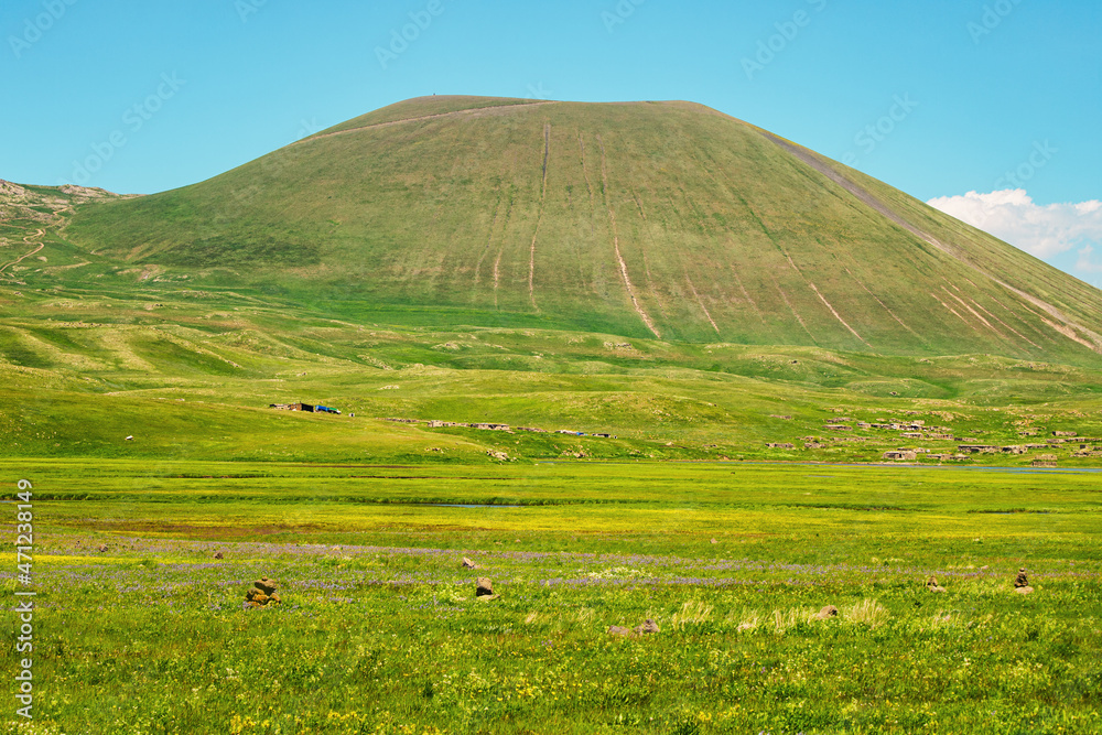 an extinct volcano or a hill covered with lush grass as a vast pasture ...