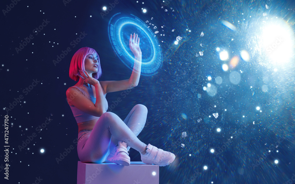 Woman in modern VR glasses interacting with network while having ...