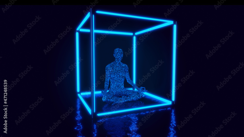 3d illustration meditation in a glowing cube Stock Illustration | Adobe ...