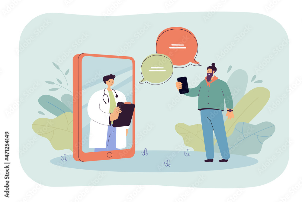 Cartoon patient having online appointment with doctor via phone ...