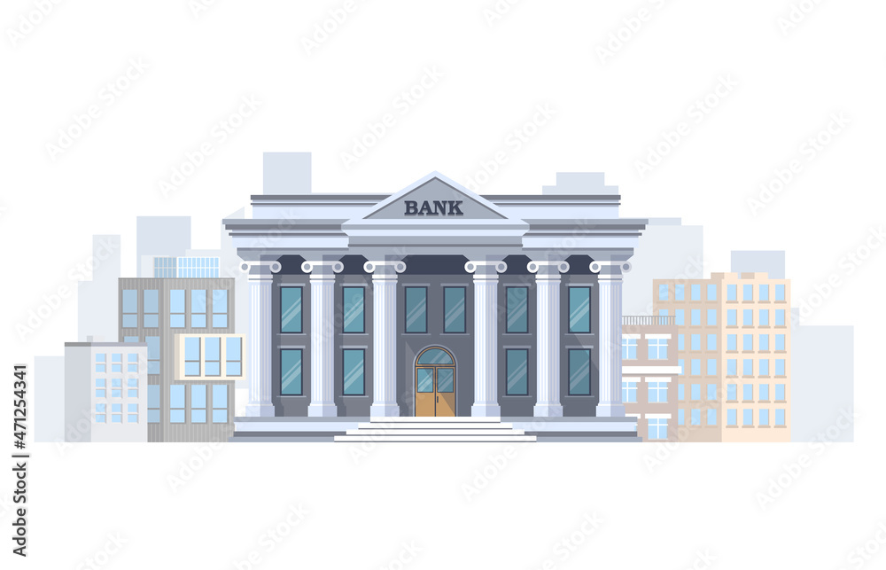 The bank building is gray against the background of the city. Two-story ...