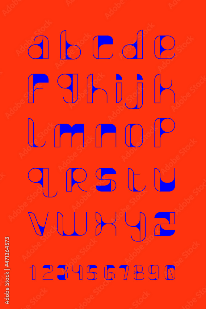 Typeface with lowercase and numerals in distorted visuals and bright ...