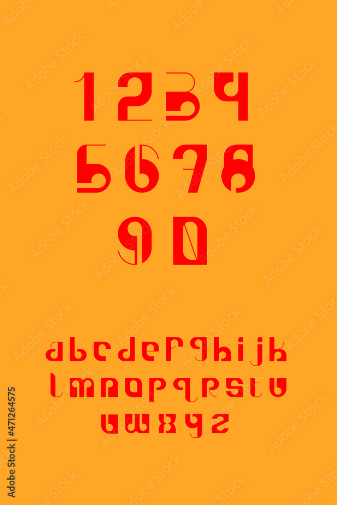 Typeface with lowercase and numerals in distorted visuals and bright ...