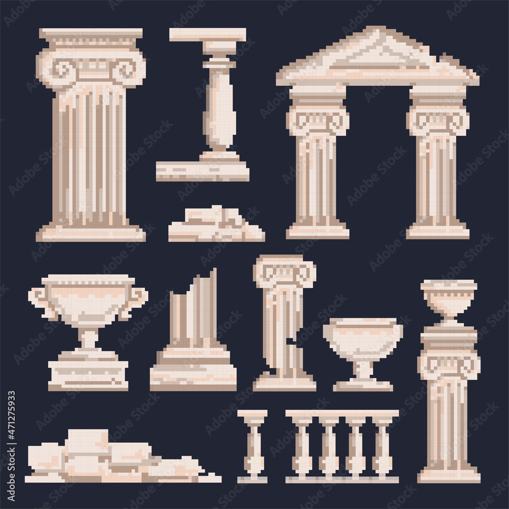 Roman and Greek pixel art illustration icon set column buildings ruins ...
