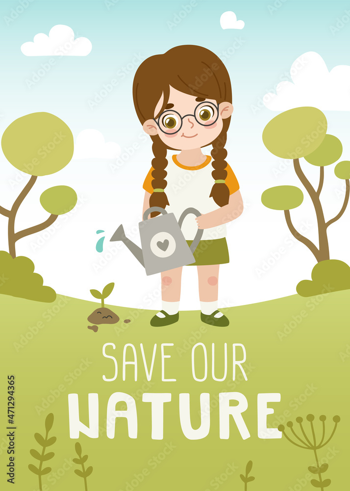 Cute girl watering a sprout from a watering can in park. Save our ...