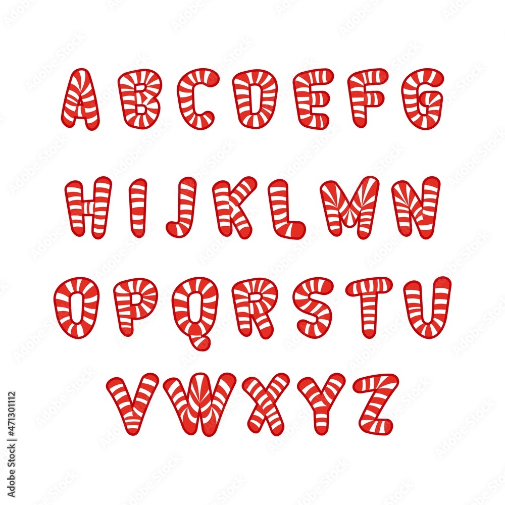 Decorative alphabet with bright red and white stripes. Fonts for events ...