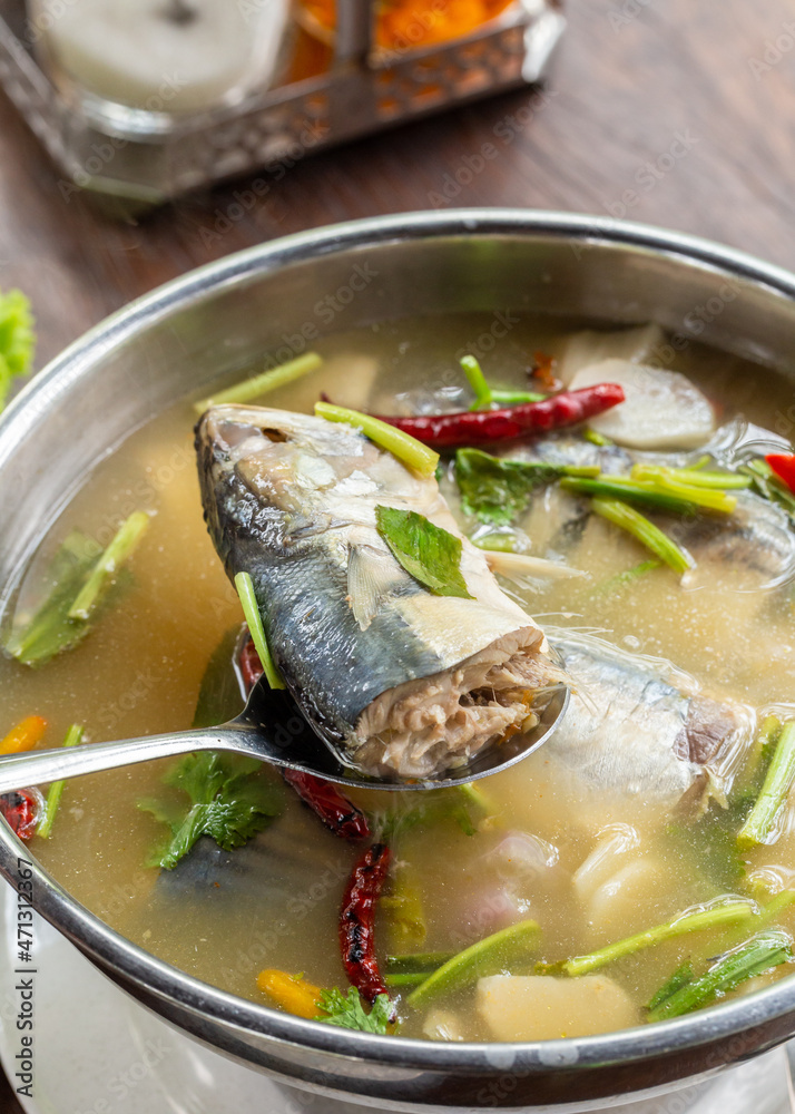 Tom yum Mackerel, Thai Mackerel with Spicy Soup, half-fish head on ...