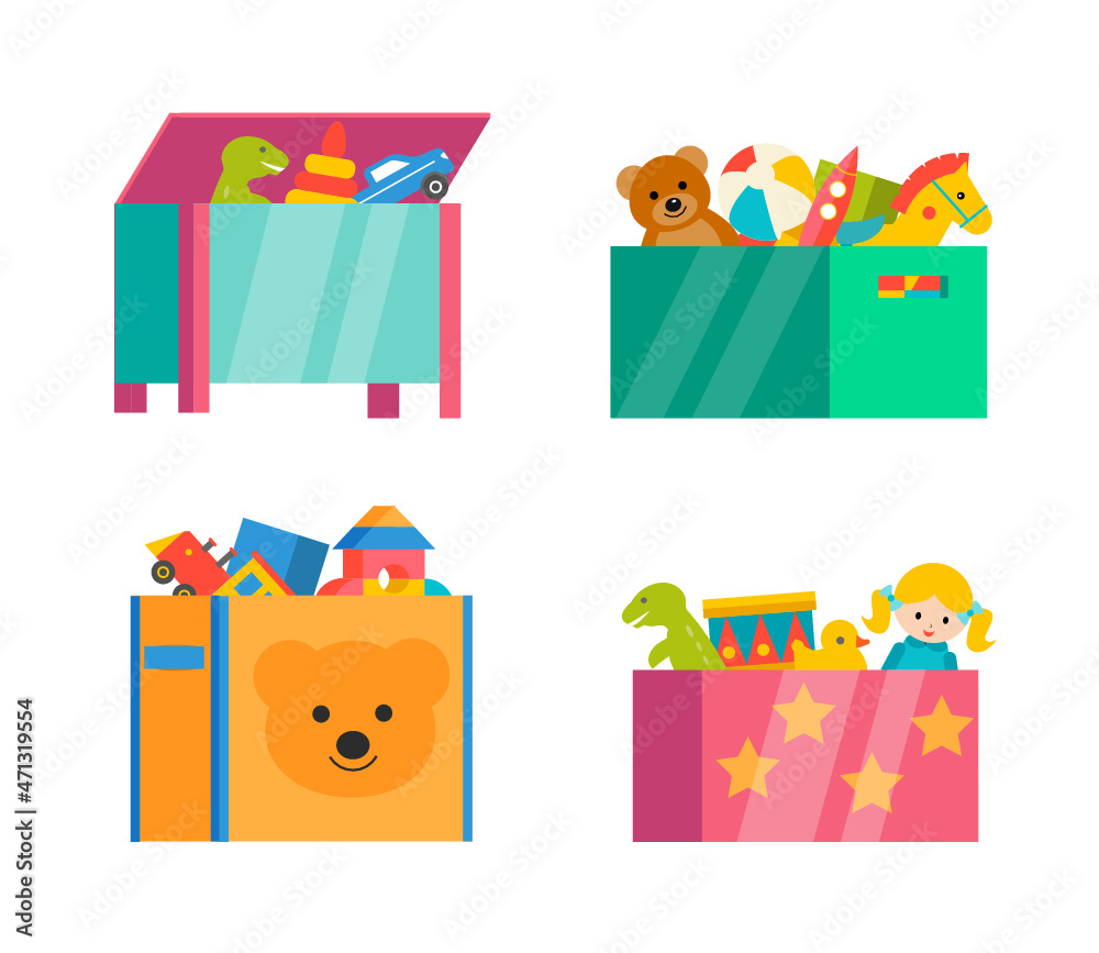 Children toy boxes set isolated on white background, vector ...
