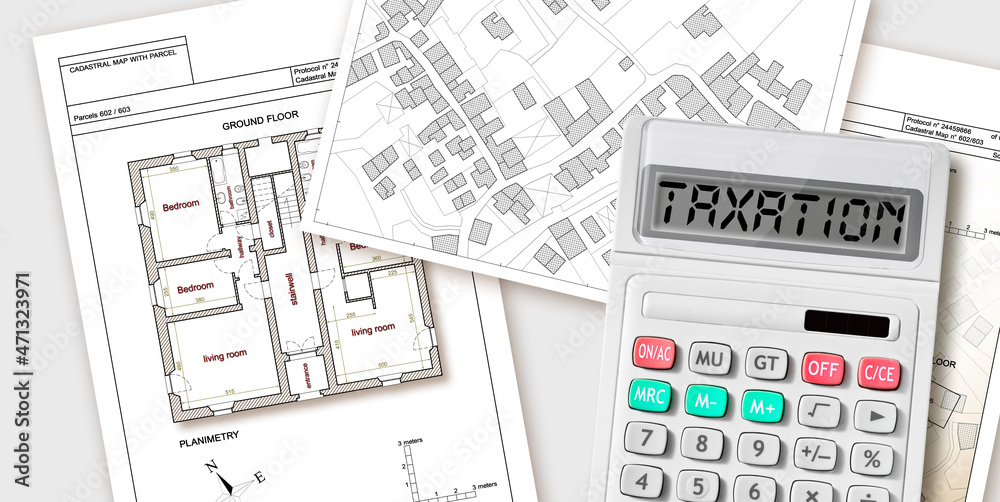 Property Tax on buildings concept image with an imaginary cadastral map ...