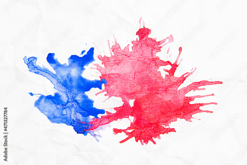 Abstract blue and red splash watercolor, drawn by blowing air on ...