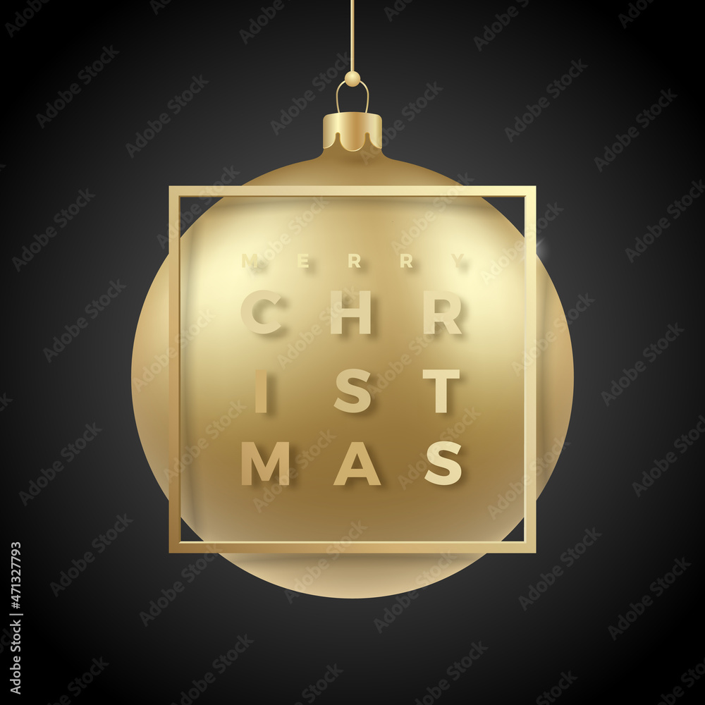 Realistic Gold Christmas Bauble on Black Background with Modern Golden ...