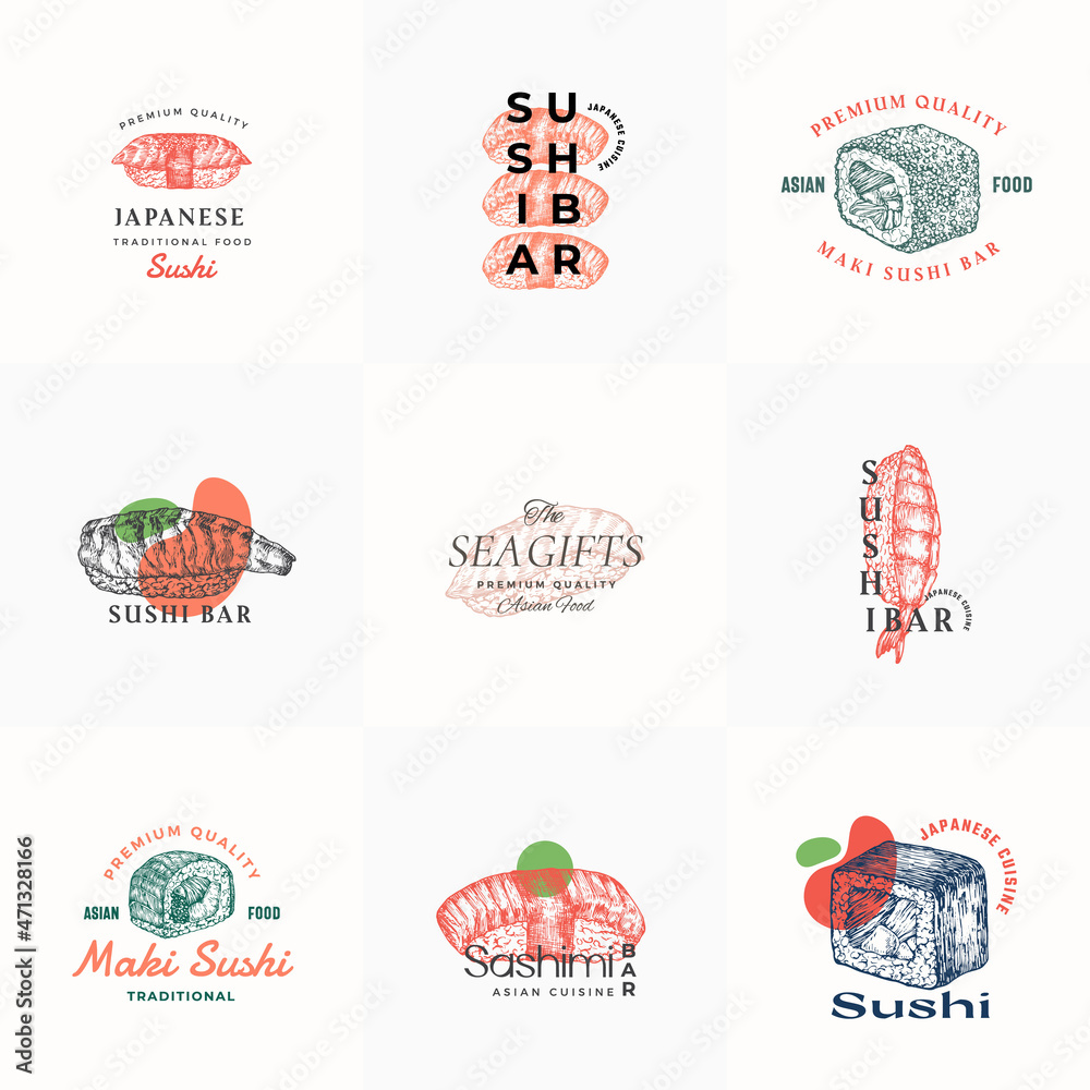 Traditional Asian Cuisine Vector Emblems Collection. Japanese Food ...