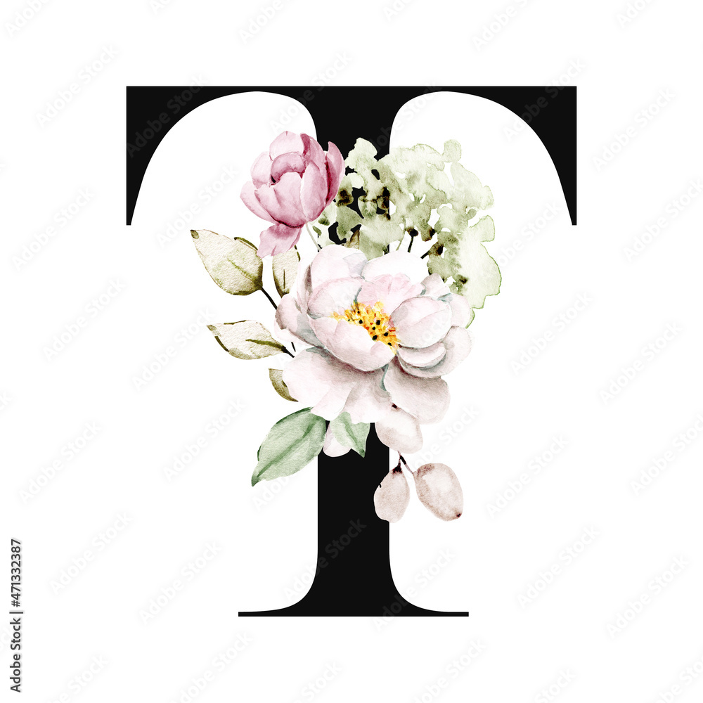Floral alphabet, letter t with watercolor flowers and leaf. Monogram ...