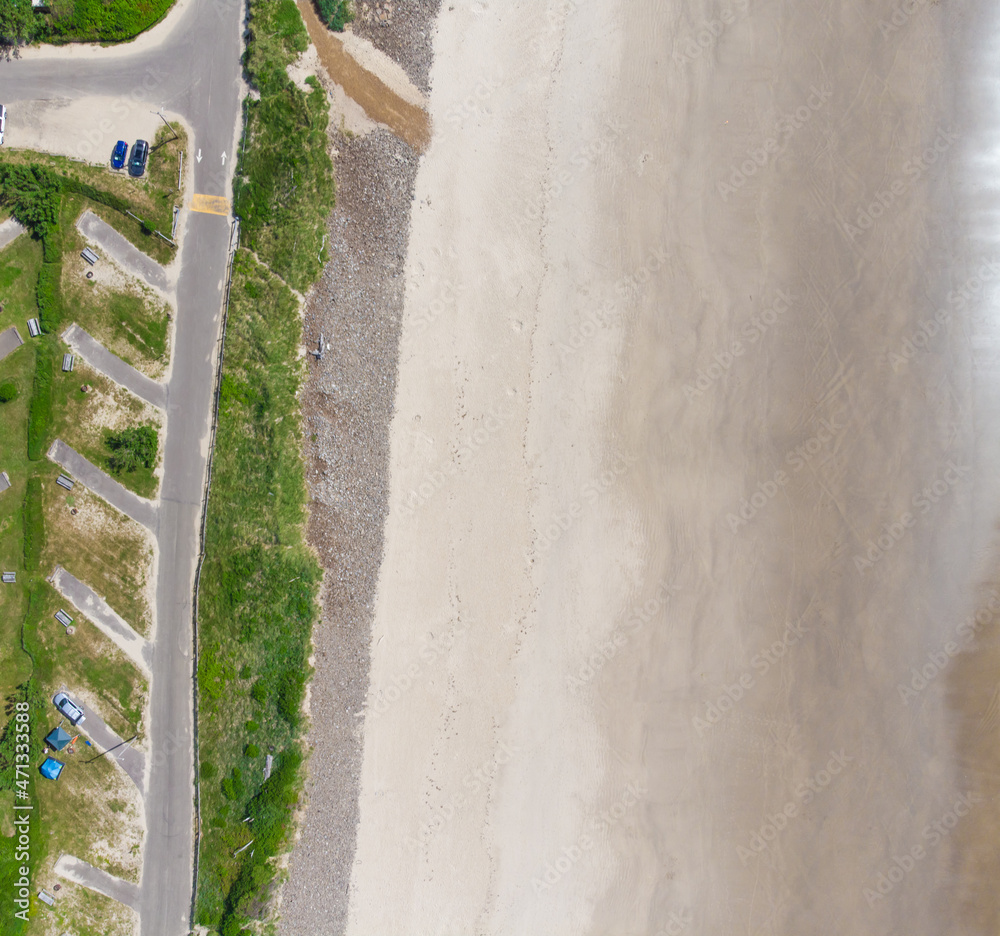 Shooting from the air. Seascape. Ocean, white sandy beach, green ...