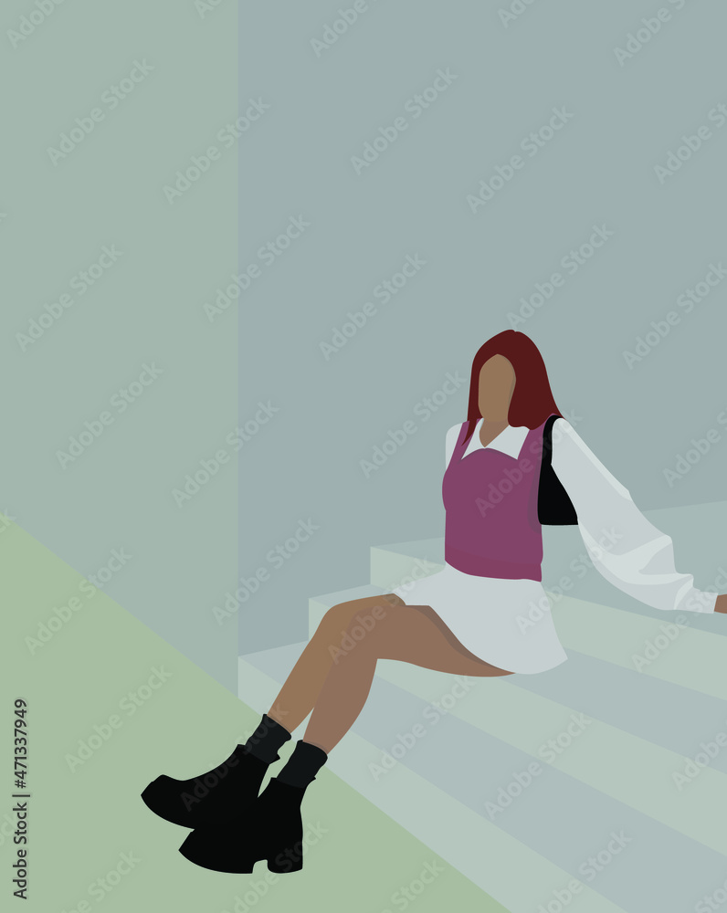 Vector flat image of a girl sitting on the steps. Lady in boots, skirt ...