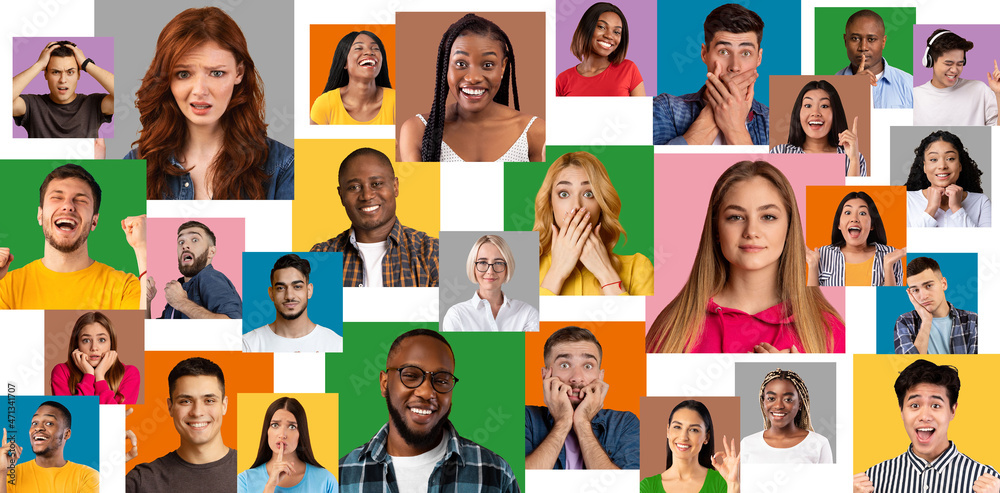 Headshots of sad, pensive, cheerful and shocked millennial ...