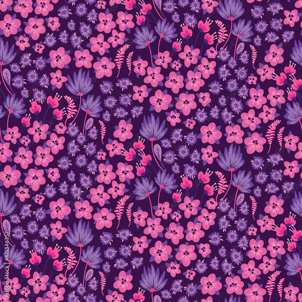 .Seamless pattern with small purple flowers on a dark field. Free ...