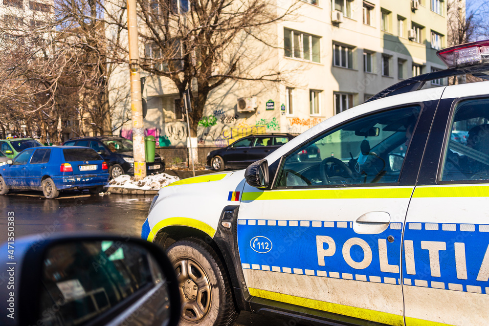 Romanian police (Politia Rutiera) car patrolling streets in Bucharest ...