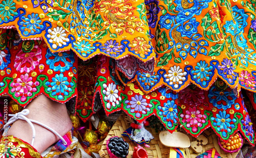 Close up of the skirt called pollera with traditional design for ...