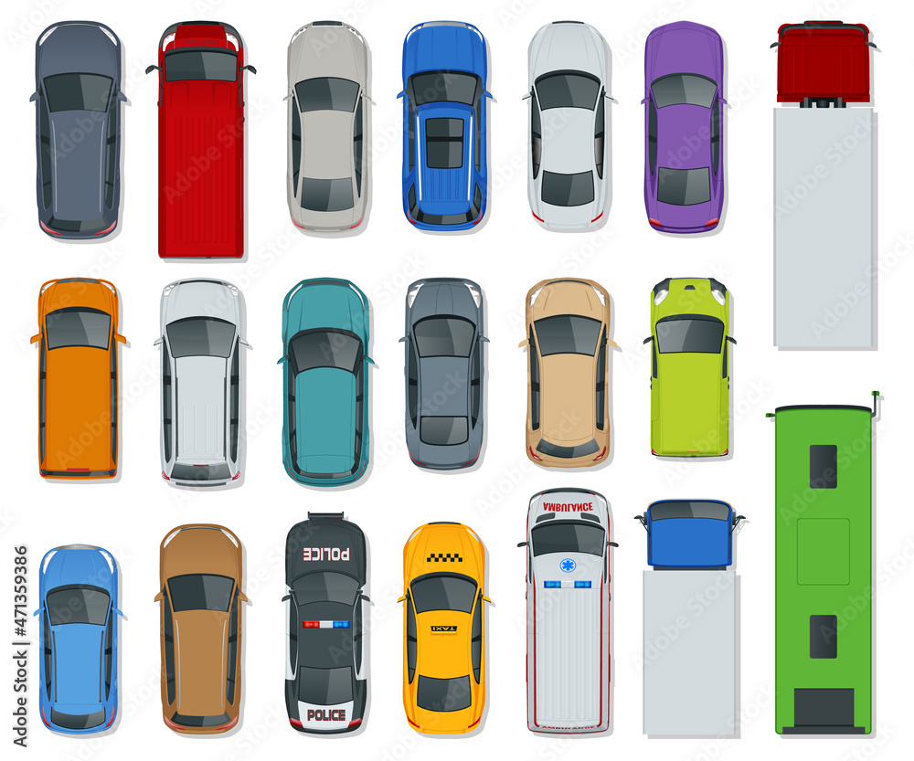 Cars view from above set. Vehicles driving in the city and service ...