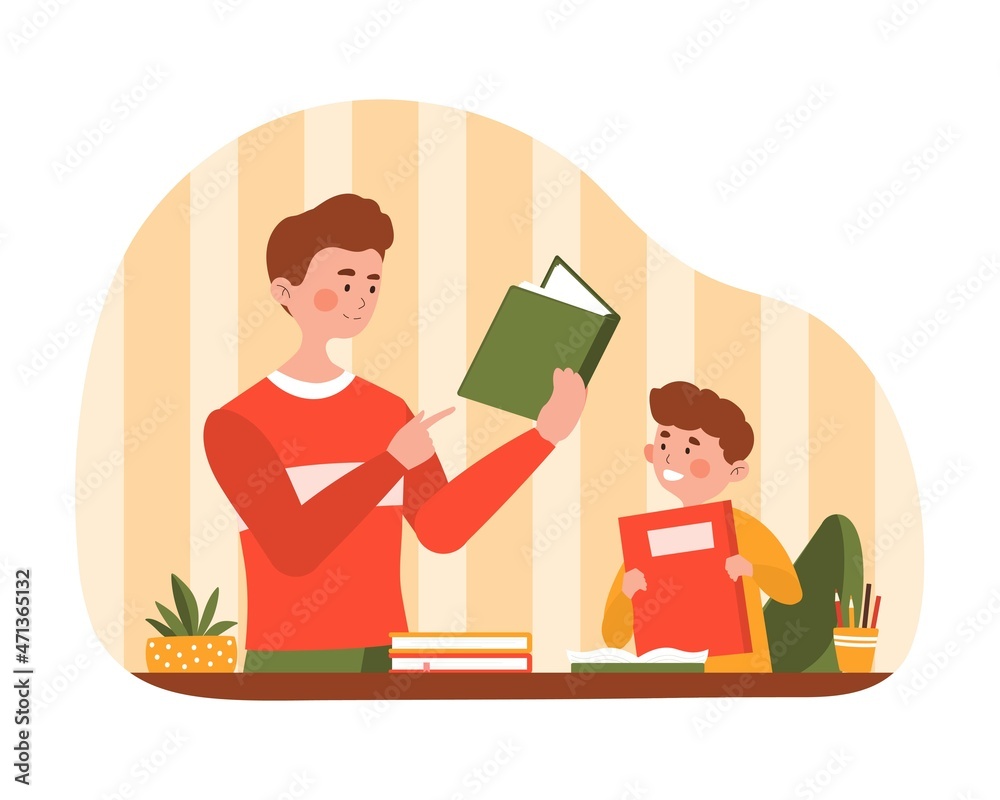Boy study with father concept. Man holds book and reads task for his ...