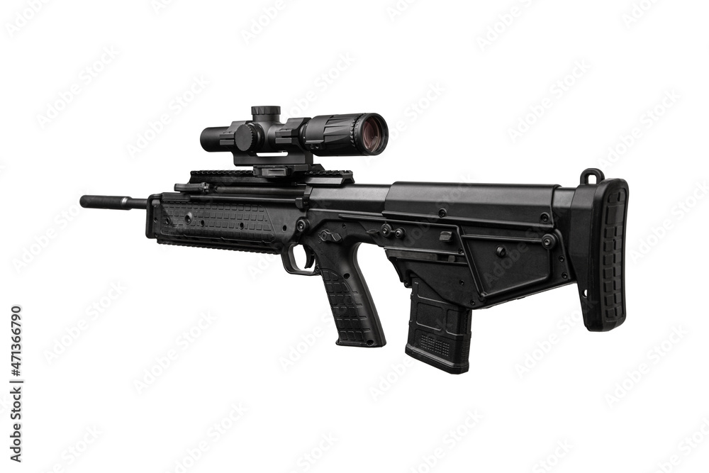 A modern automatic bullpup carbine with a telescopic sight. Weapons for ...