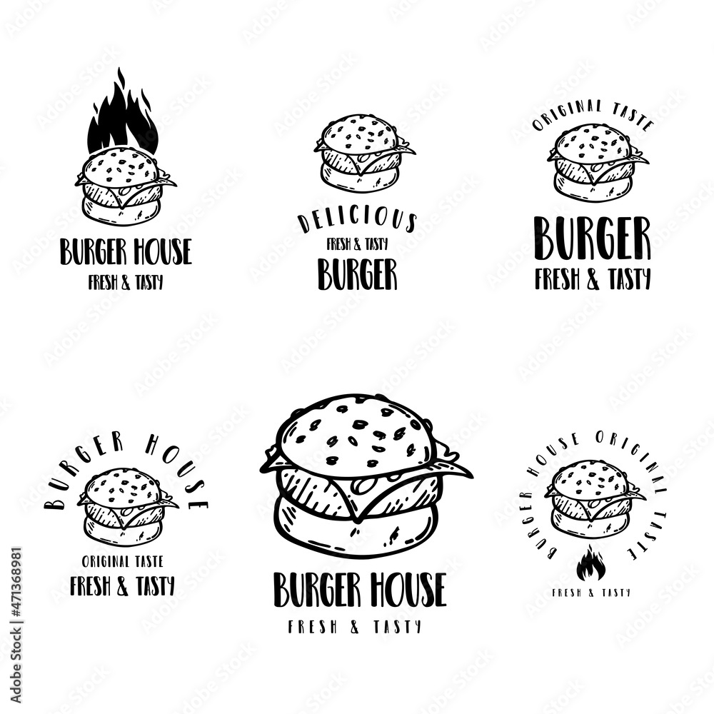 Hand drawn burger logo set. Vintage Burger, Burgerhouse restaurants ...