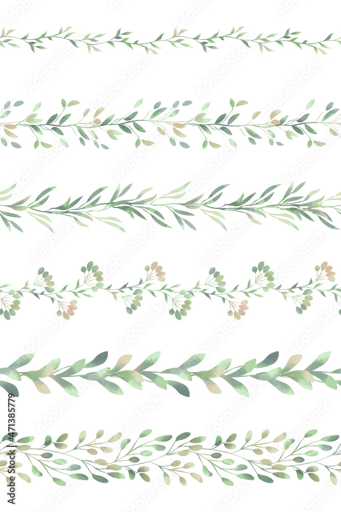 Set of watercolor seamless borders. Spring foliage. Beautiful isolated ...