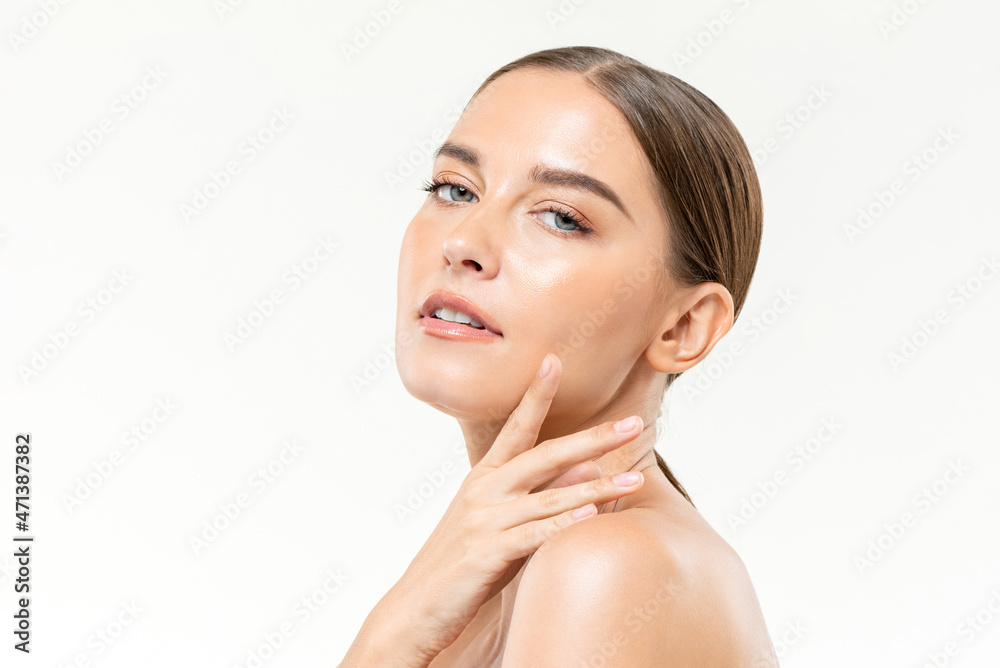 Beautiful Caucasian woman with hydrating clear face skin in isolated ...