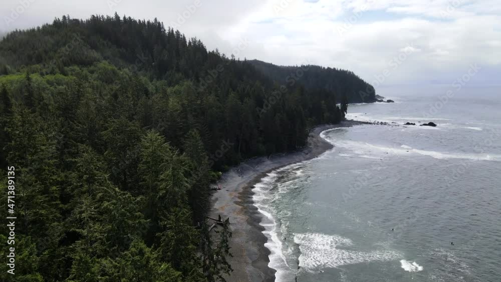 4k cinematic drone footage of Sombrio Beach in Canada. Aerial pan ...