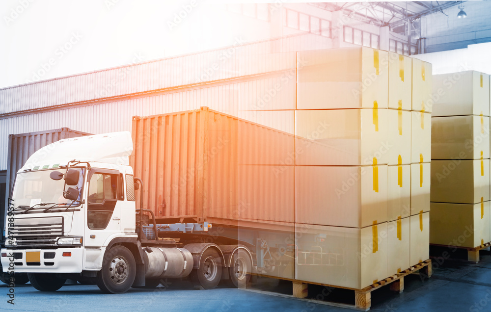 Double Exposure Photos of Package Boxes with Semi Trailer Truck Loading ...