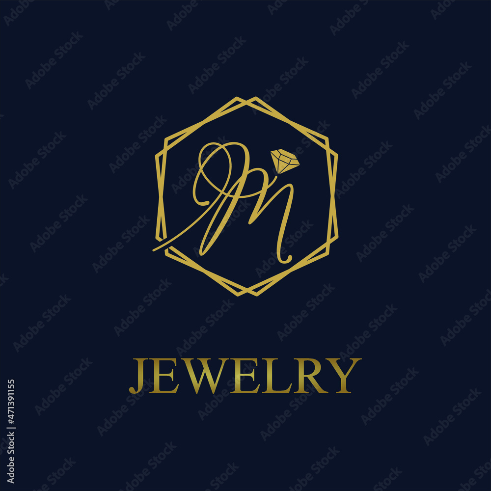 Golden Initial M Letter in Geometric hexagon with diamond for Jewelry ...