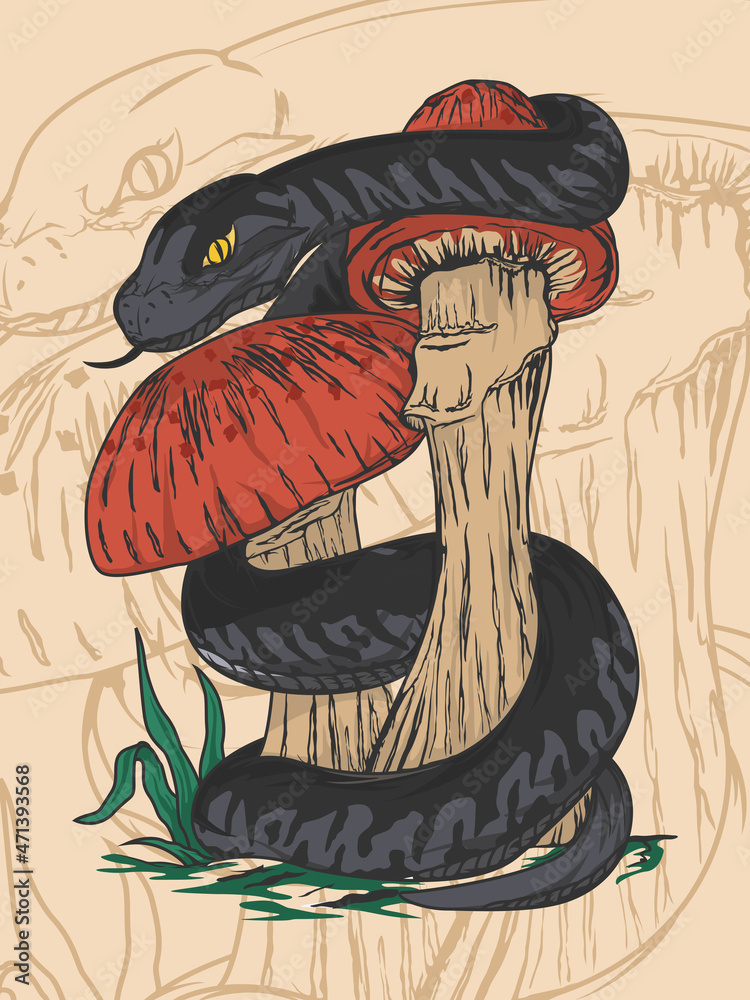 Illustration of a snake wrapped around a mushroom, vector design for ...