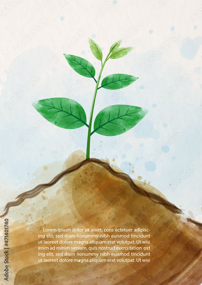 Image of small plant growing in a soil and draw in water colors style ...