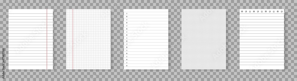 Realistic lined notepapers. Blank gridded notebook papers for homework ...