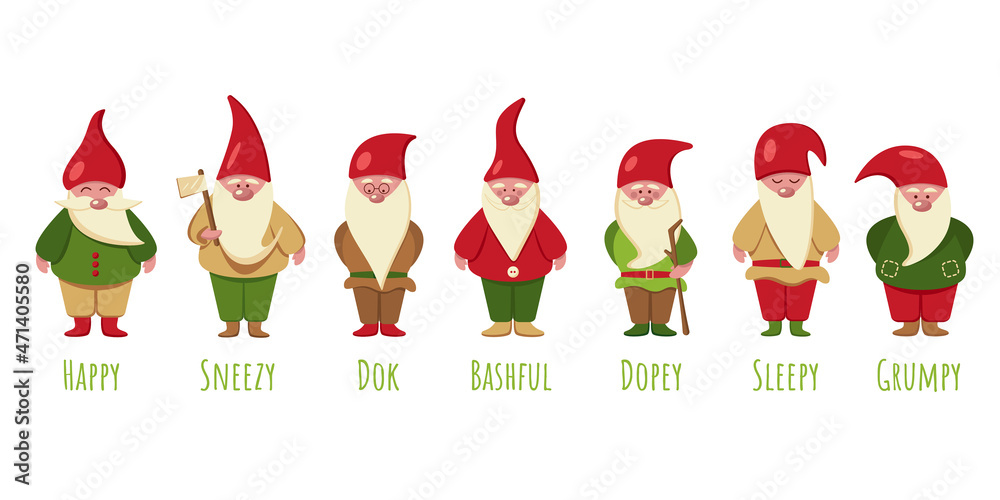 Seven gnomes from a fairy tale on a white background. Snow White and ...