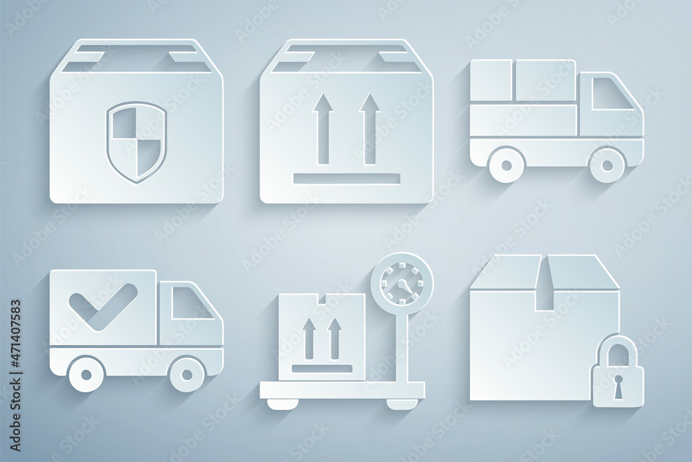 Set Scale with cardboard box, Delivery truck boxes, check mark, Locked package, Cardboard ...