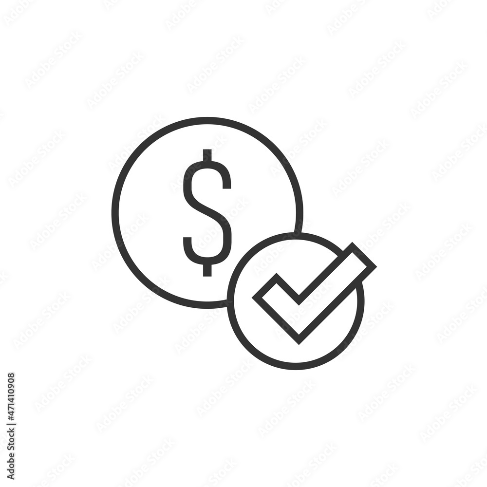 Coin check mark icon in flat style. Money approval vector illustration ...
