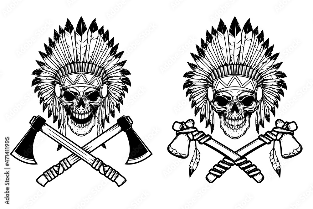 Vetor de Native american skull in traditional headdress and crossed ...