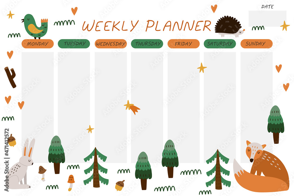 Weekly planner. Forest animals cartoon notebook sheet template ...