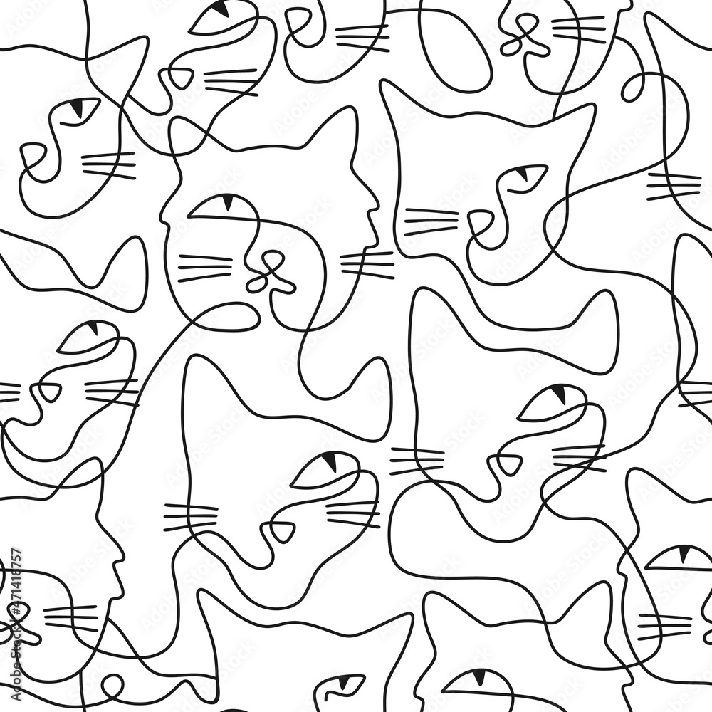 Continuous one single line of cute cat faces seamless pattern isolated ...