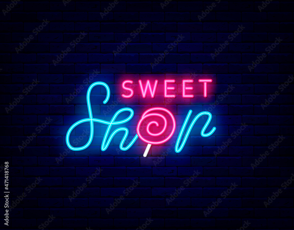 Sweet shop neon signboard. Candy bar. Lollipop. Night bright logo and ...